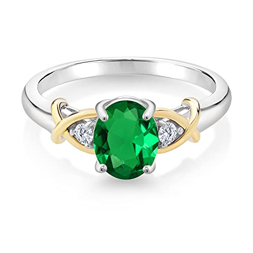 Gem Stone King 10K Yellow Gold and 925 Sterling Silver Green Nano Emerald and Lab Grown Diamond Engagement Ring For Women | 0.83 Cttw | Oval 8X6MM | Size 5-9