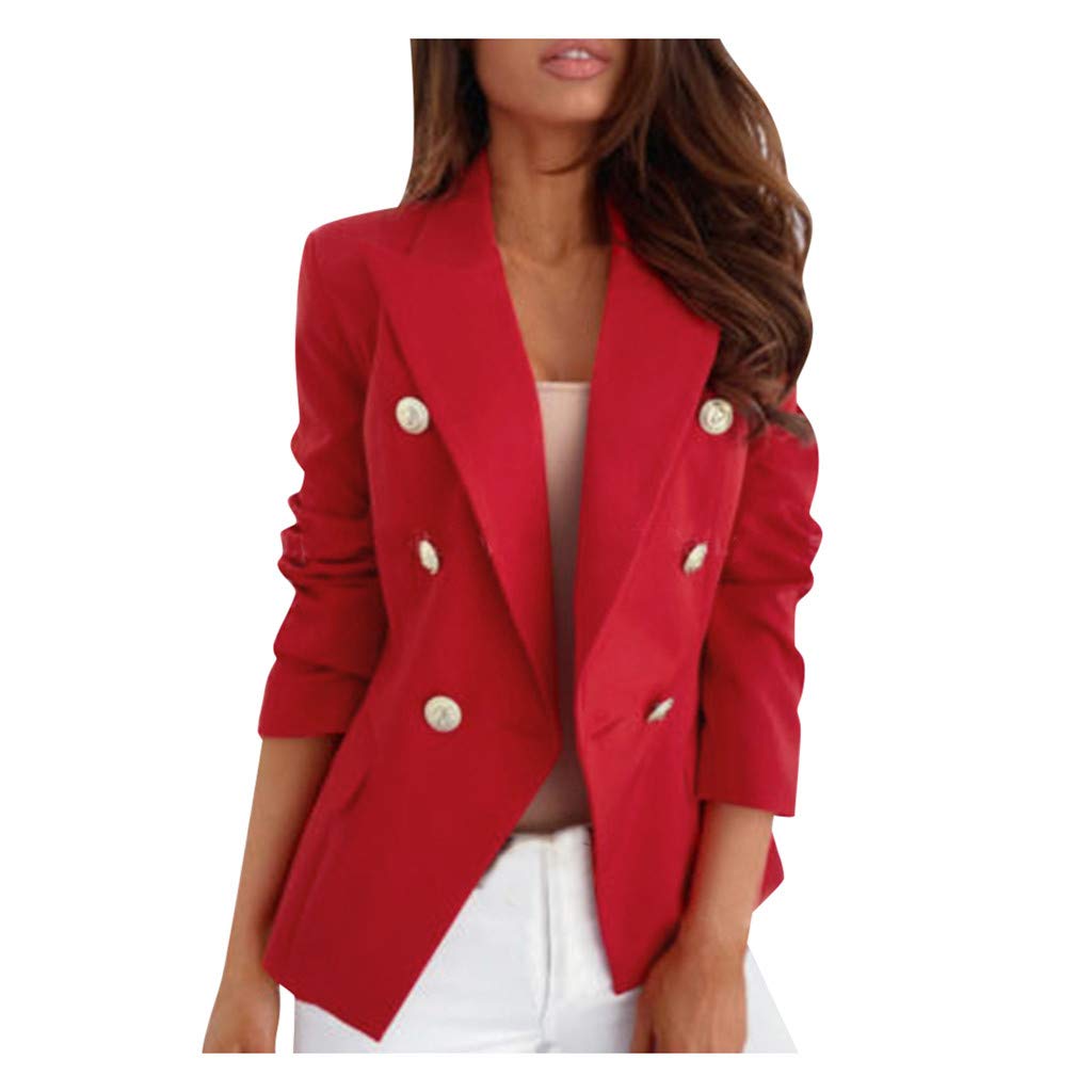 WUAI-Women Casual Blazers Plus Size Long Sleeve Open Front Work Office Fitted Suit Jackets with Pockets(Red,X-Large)