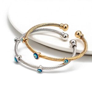 TEEPOLLO Evil Eye Bracelets Bangles-Turkey Lucky 14k Gold Silver Plated Evil Eye Bracelets-Blue Evil Eye Protection Bangles Bracelets Stacks for Women Girls (Set of 2)