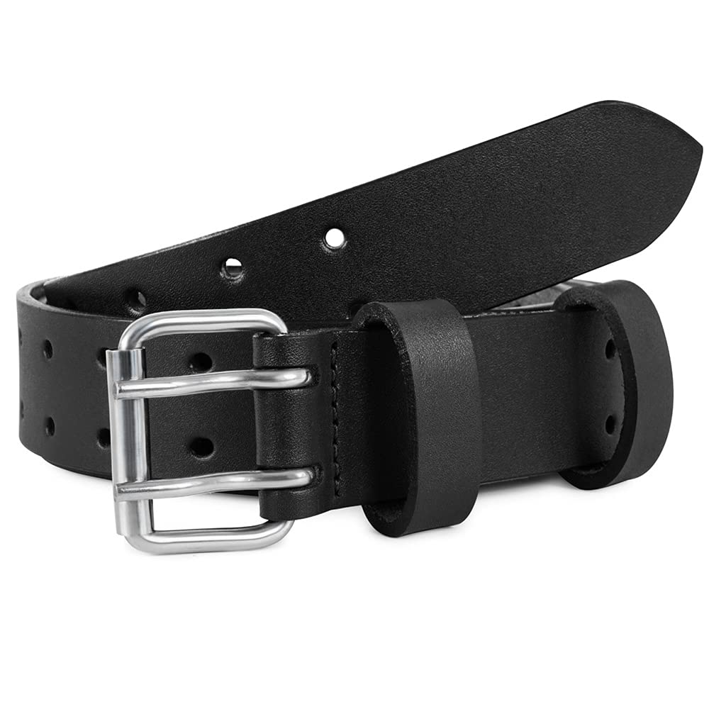 PBF Double Prong Leather Work Belts for Men | 38mm Wide | Heavy Duty | Real Leather Belt (XXL for Waist 52" - 56", Black)