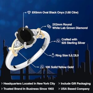 Gem Stone King 2 Tone 10K Yellow Gold and 925 Sterling Silver Black Onyx and White Lab Grown Diamond Ring For Women (1.68 Cttw, Gemstone Birthstone, Available In Size 5, 6, 7, 8, 9)