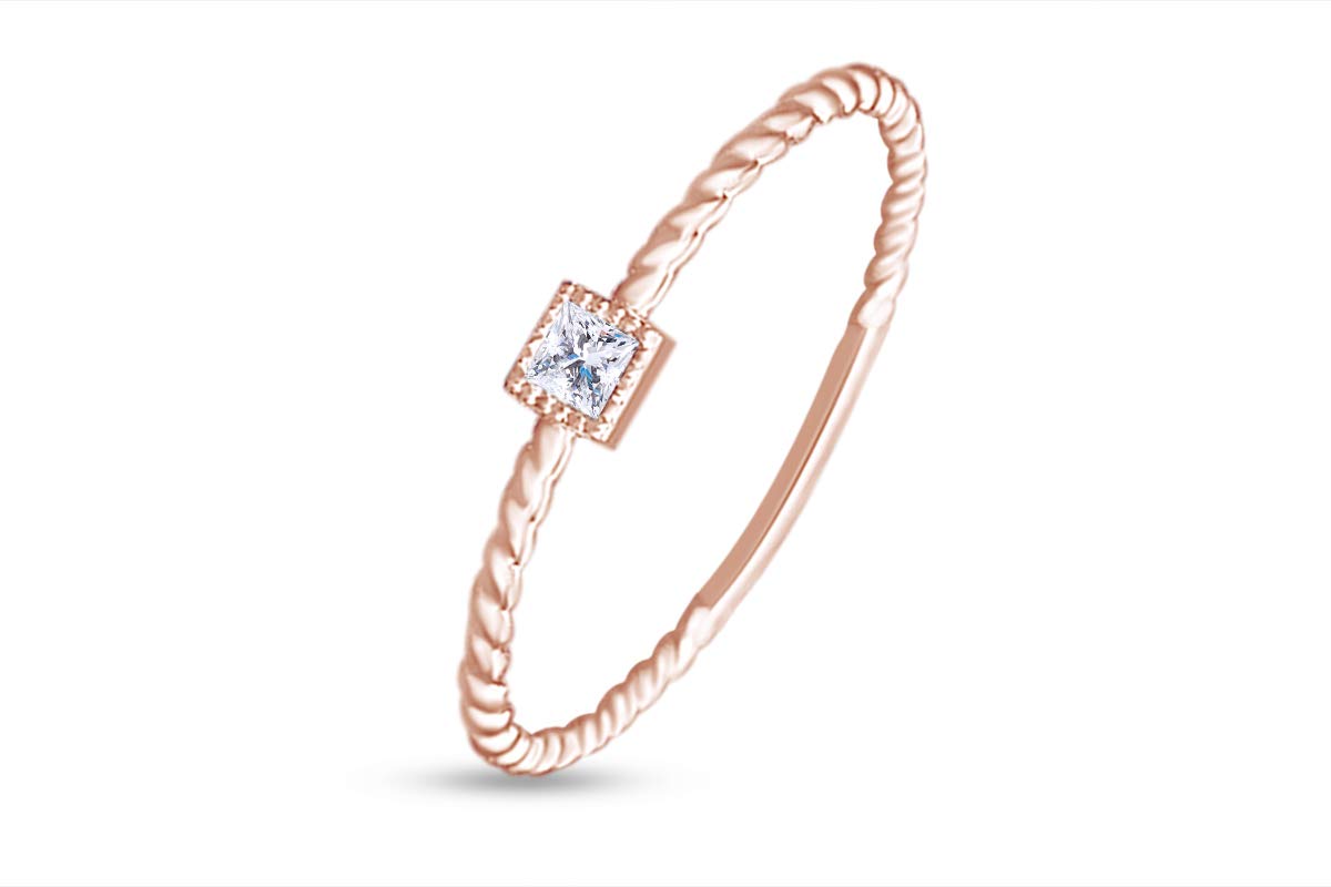 1/20CT Mini Princess-Cut Diamond Twisted Braided Band Stacking Minimalist Engagement Ring in 10k Rose Gold, 0.06 CTTW Ring Size-4