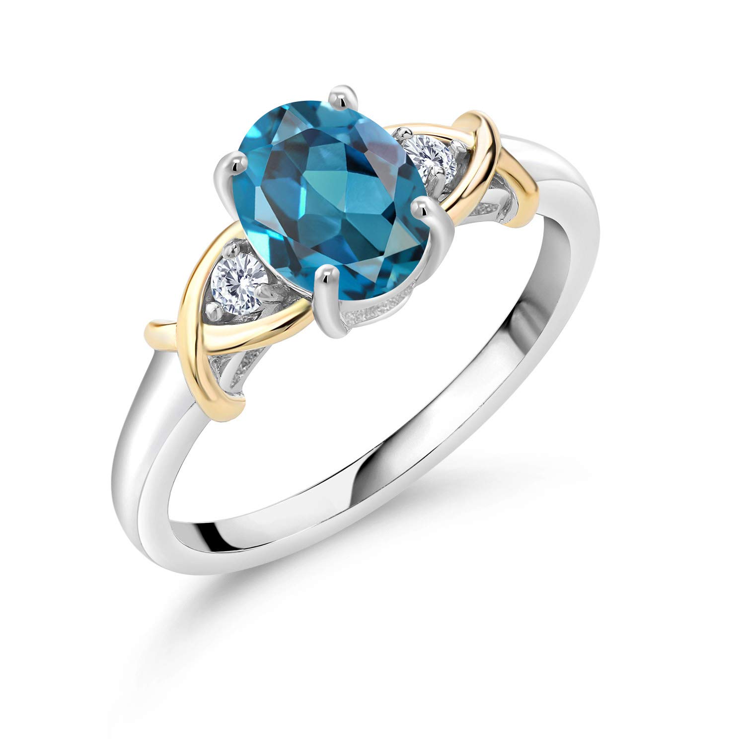 Gem Stone King 10K Yellow Gold and 925 Sterling Silver London Blue Topaz and White Lab Grown Diamond Ring For Women (1.58 Cttw, Available in size 5, 6, 7, 8, 9)