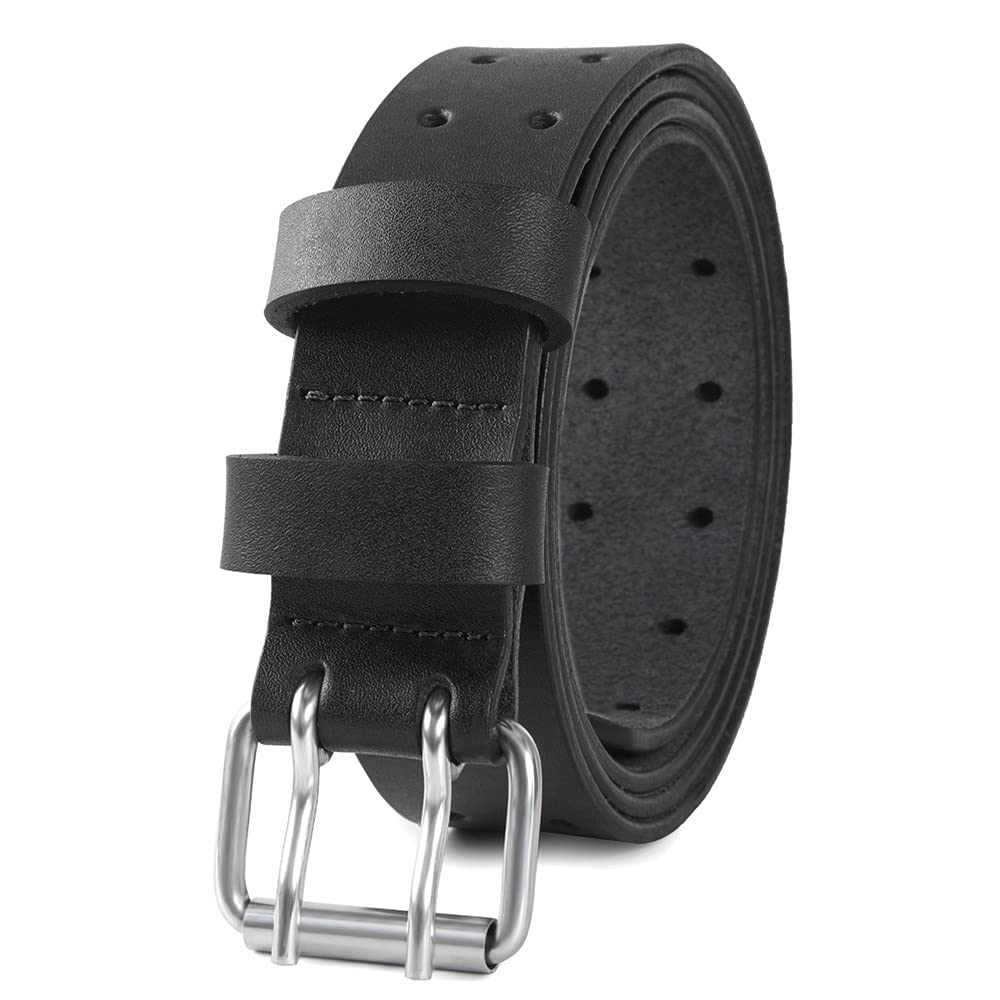 PBF Double Prong Leather Work Belts for Men | 38mm Wide | Heavy Duty | Real Leather Belt (XXL for Waist 52" - 56", Black)