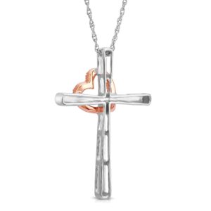 ARAIYA FINE JEWELRY 925 Sterling Silver and Rose Gold Round-shape Diamond Heart and Cross Pendant Necklace (1/10 cttw, I-J Color, I2-I3 Clarity), 18"