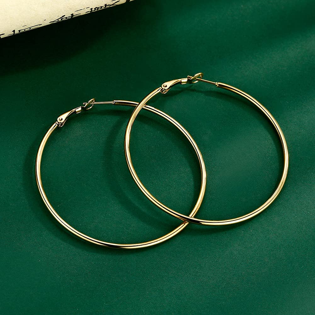 4 Pairs Big Hoop Earrings for Women, 316L Stainless Steel Hypoallergenic Hoop Earrings Silver Plated 14K Gold Plated Rose Gold Plated Black Gold Plated Earrings Set(60mm)