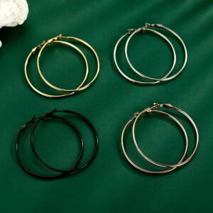 4 Pairs Big Hoop Earrings for Women, 316L Stainless Steel Hypoallergenic Hoop Earrings Silver Plated 14K Gold Plated Rose Gold Plated Black Gold Plated Earrings Set(60mm)