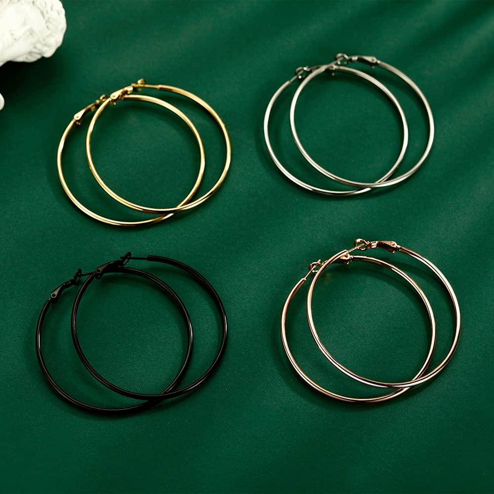 4 Pairs Big Hoop Earrings for Women, 316L Stainless Steel Hypoallergenic Hoop Earrings Silver Plated 14K Gold Plated Rose Gold Plated Black Gold Plated Earrings Set(60mm)