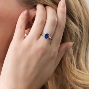 Gem Stone King 2 Tone 10K Yellow Gold and 925 Sterling Silver Blue Created Sapphire and Lab Grown Diamond Ring For Women (1.68 Cttw, Available in Size 5,6,7,8,9)