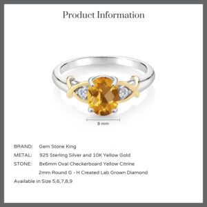 Gem Stone King 2 Tone 10K Yellow Gold and 925 Sterling Silver Oval Checkerboard Yellow Citrine and Lab Grown Diamond Women Ring (1.33 Cttw, Gemstone Birthstone, Available In Size 5, 6, 7, 8, 9)