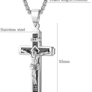 JTTBIGV Catholic Jesus Christ on INRI Cross Crucifix Gold Silver Tone stainless steel Pendant Necklace 24" Chain