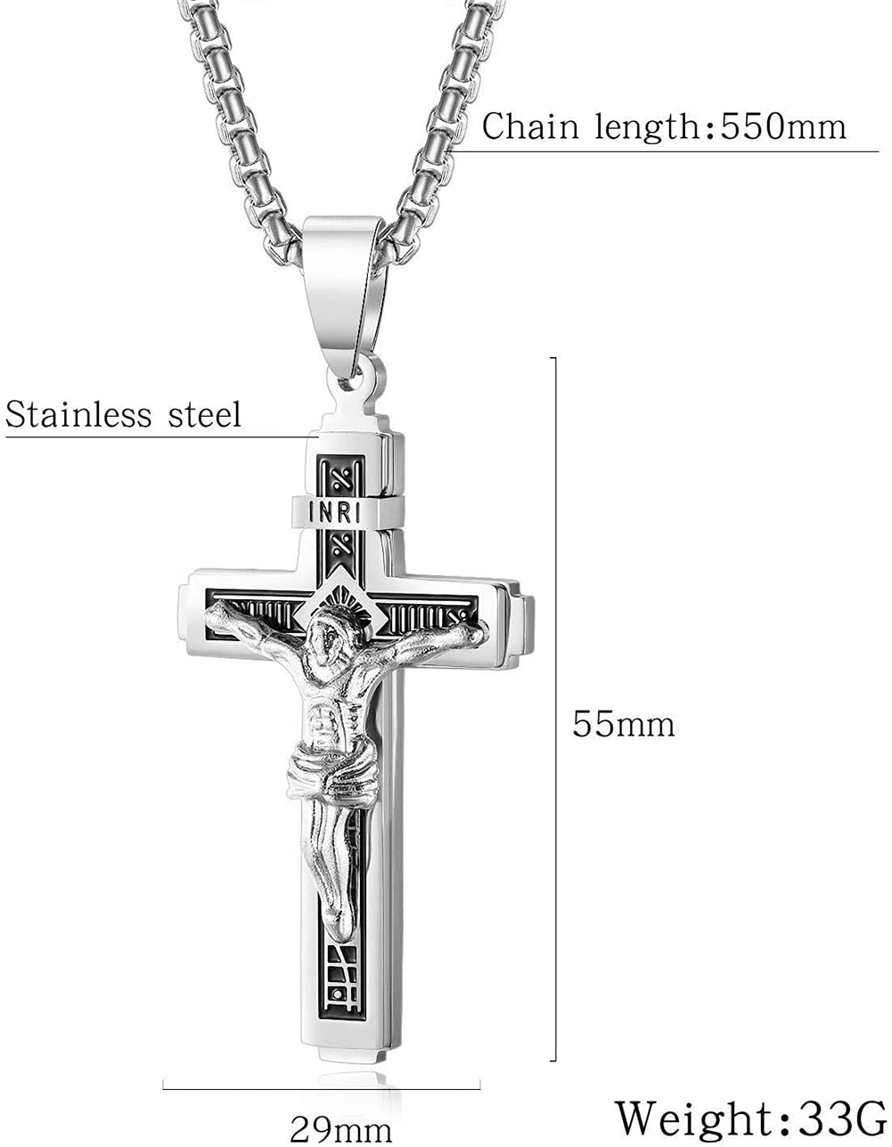 JTTBIGV Catholic Jesus Christ on INRI Cross Crucifix Gold Silver Tone stainless steel Pendant Necklace 24" Chain