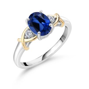 gem stone king 2 tone 10k yellow gold and 925 sterling silver blue created sapphire and lab grown diamond ring for women (1.68 cttw, available in size 5,6,7,8,9)