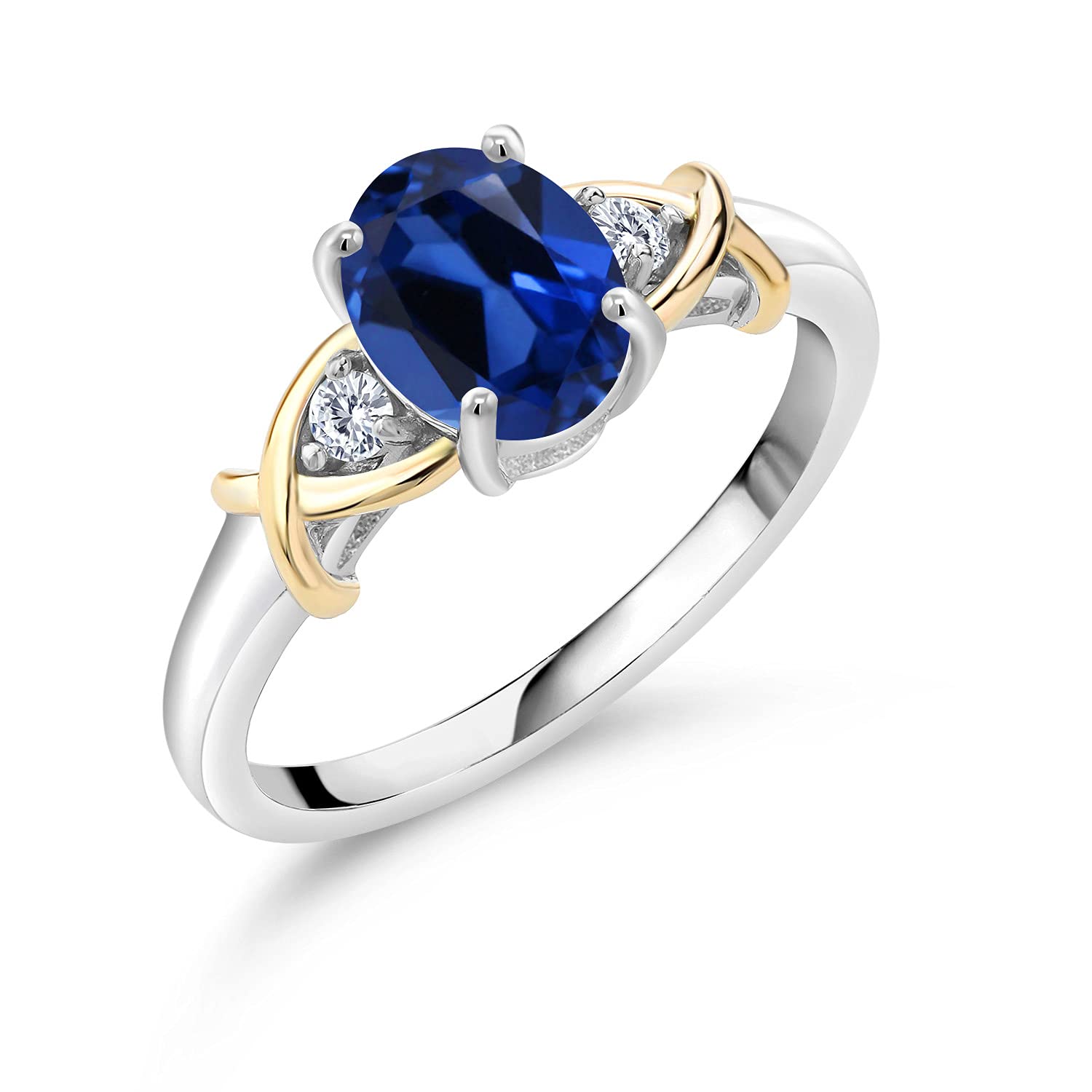 Gem Stone King 2 Tone 10K Yellow Gold and 925 Sterling Silver Blue Created Sapphire and Lab Grown Diamond Ring For Women (1.68 Cttw, Available in Size 5,6,7,8,9)