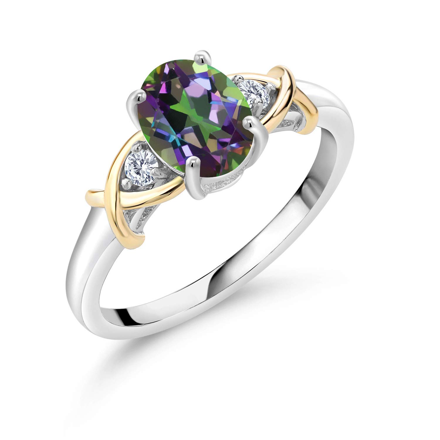 Gem Stone King 2-Tone 10K Yellow Gold and 925 Sterling Silver Green Mystic Topaz and White Lab Grown Diamond Women Ring (1.65 Cttw, Available in Size 5,6,7,8,9)