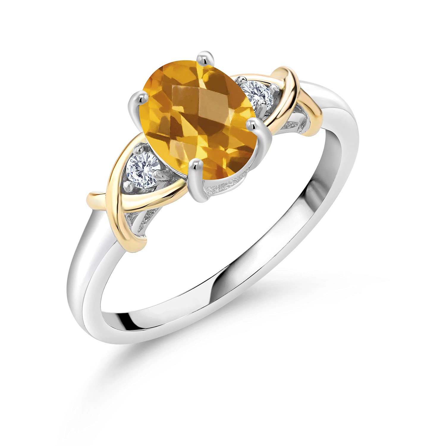 Gem Stone King 2 Tone 10K Yellow Gold and 925 Sterling Silver Oval Checkerboard Yellow Citrine and Lab Grown Diamond Women Ring (1.33 Cttw, Gemstone Birthstone, Available In Size 5, 6, 7, 8, 9)