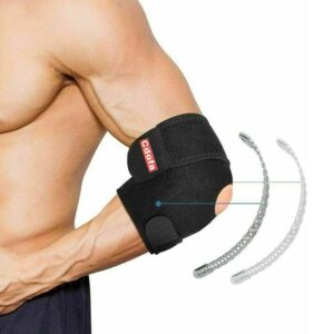 elbow support adjustable neoprene elbow brace with dual-spring stabiliser, elbow strap for golfers elbow, tennis elbow, arthritis, sports injury pain relief and provides support,unisex