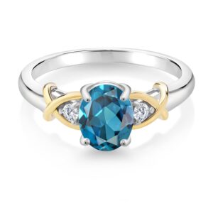 Gem Stone King 10K Yellow Gold and 925 Sterling Silver London Blue Topaz and White Lab Grown Diamond Ring For Women (1.58 Cttw, Available in size 5, 6, 7, 8, 9)