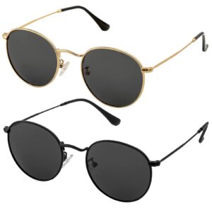 onrtry small round polarized sunglasses for men women classic circle metal frame sun glasses 2 pack (gold/black + black/black)