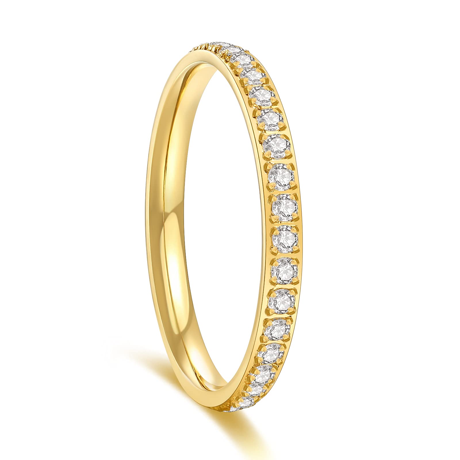 KAZITSAN 2mm Stainless Steel Eternity Rings for Women Cubic Zirconia Gold Engagement Wedding Band Size 8