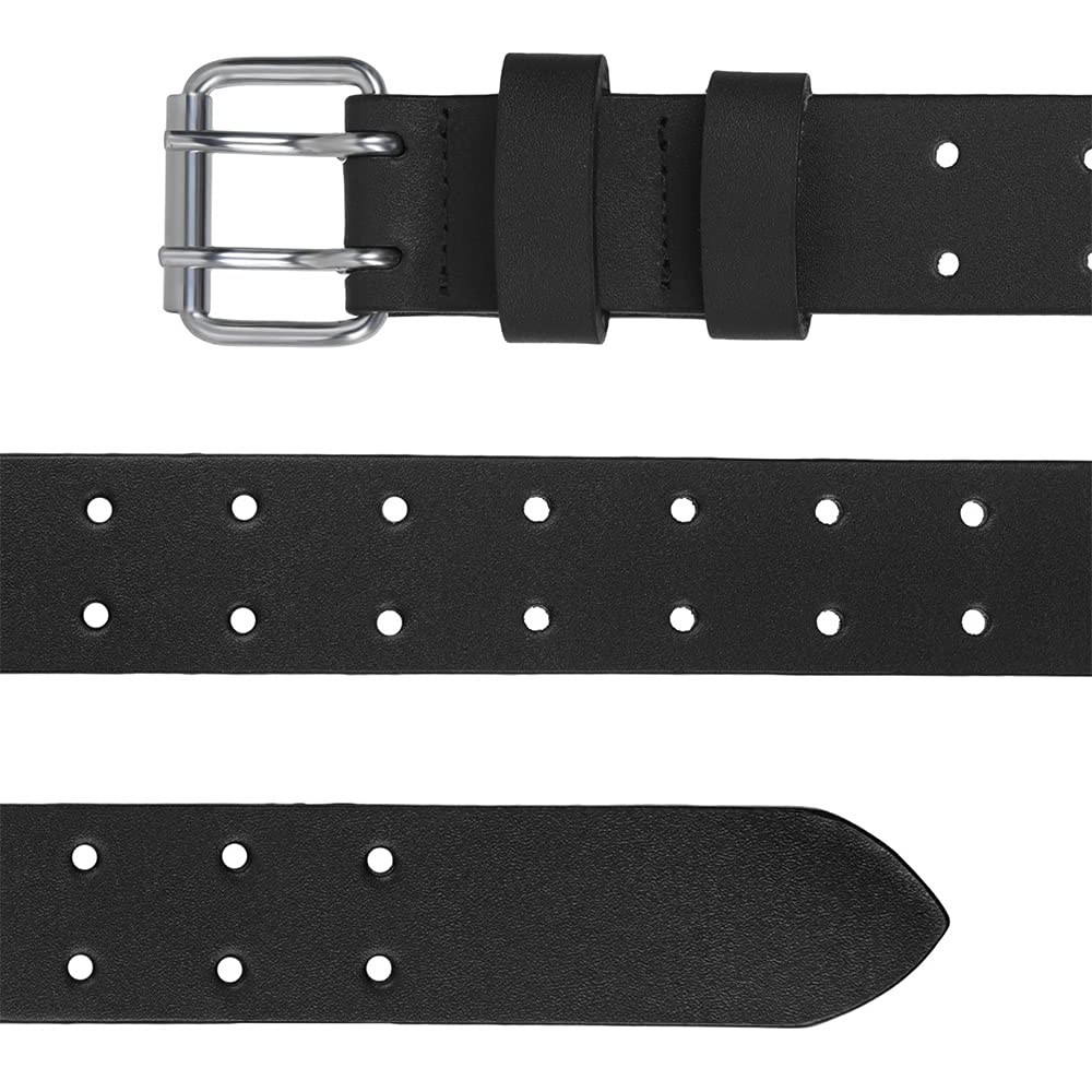 PBF Double Prong Leather Work Belts for Men | 38mm Wide | Heavy Duty | Real Leather Belt (XXL for Waist 52" - 56", Black)