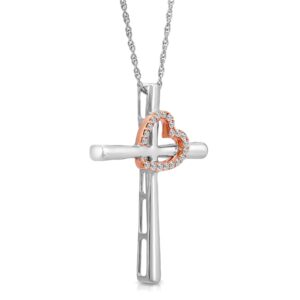 ARAIYA FINE JEWELRY 925 Sterling Silver and Rose Gold Round-shape Diamond Heart and Cross Pendant Necklace (1/10 cttw, I-J Color, I2-I3 Clarity), 18"