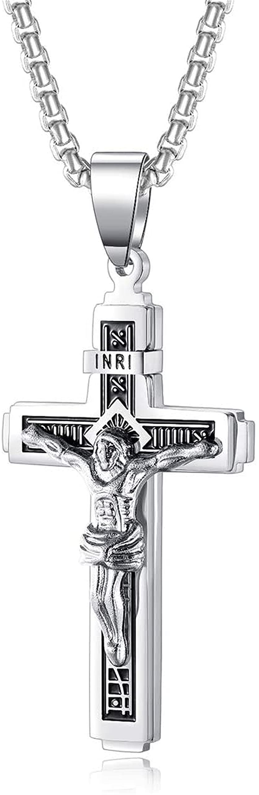 JTTBIGV Catholic Jesus Christ on INRI Cross Crucifix Gold Silver Tone stainless steel Pendant Necklace 24" Chain