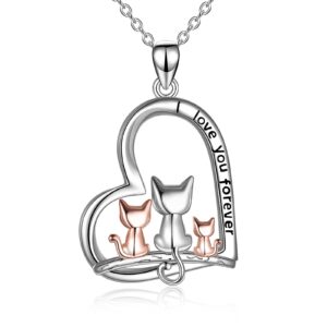 poplyke cat necklace for women 925 sterling silver family cat heart necklace for mother grandma (silver-3 cats)