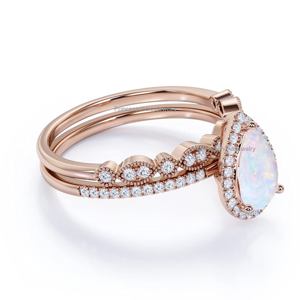 Art Deco Two Piece Wedding Engagement Bridal Set Ring Band Pear Opal & CZ 925 Sterling Silver 14K Rose Gold Over 7