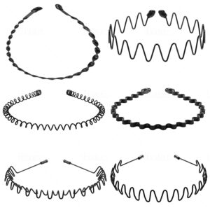 kac pack of 6 unisex wavy hair bands non slip metal head bands for sports, outdoor and yoga, black, 6 piece set