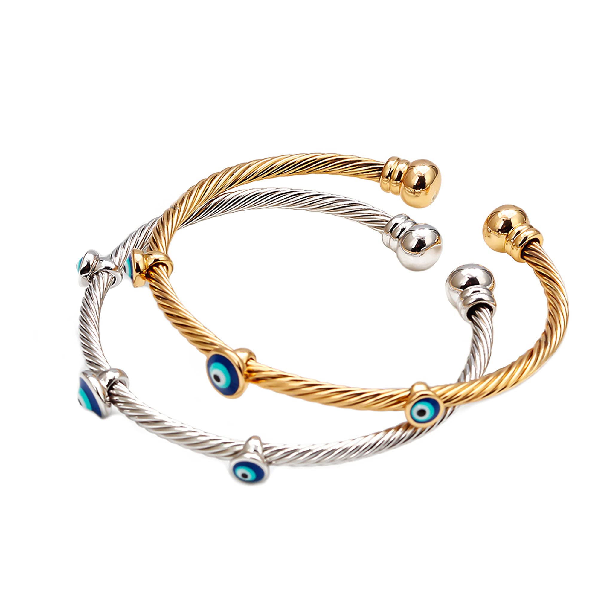 TEEPOLLO Evil Eye Bracelets Bangles-Turkey Lucky 14k Gold Silver Plated Evil Eye Bracelets-Blue Evil Eye Protection Bangles Bracelets Stacks for Women Girls (Set of 2)