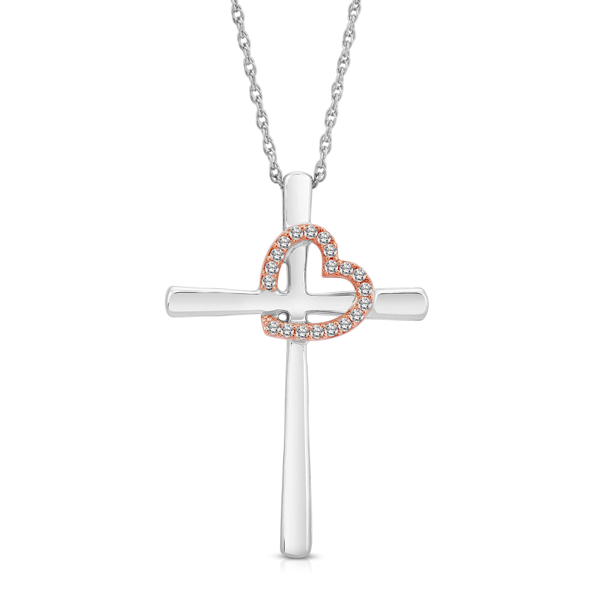 ARAIYA FINE JEWELRY 925 Sterling Silver and Rose Gold Round-shape Diamond Heart and Cross Pendant Necklace (1/10 cttw, I-J Color, I2-I3 Clarity), 18"