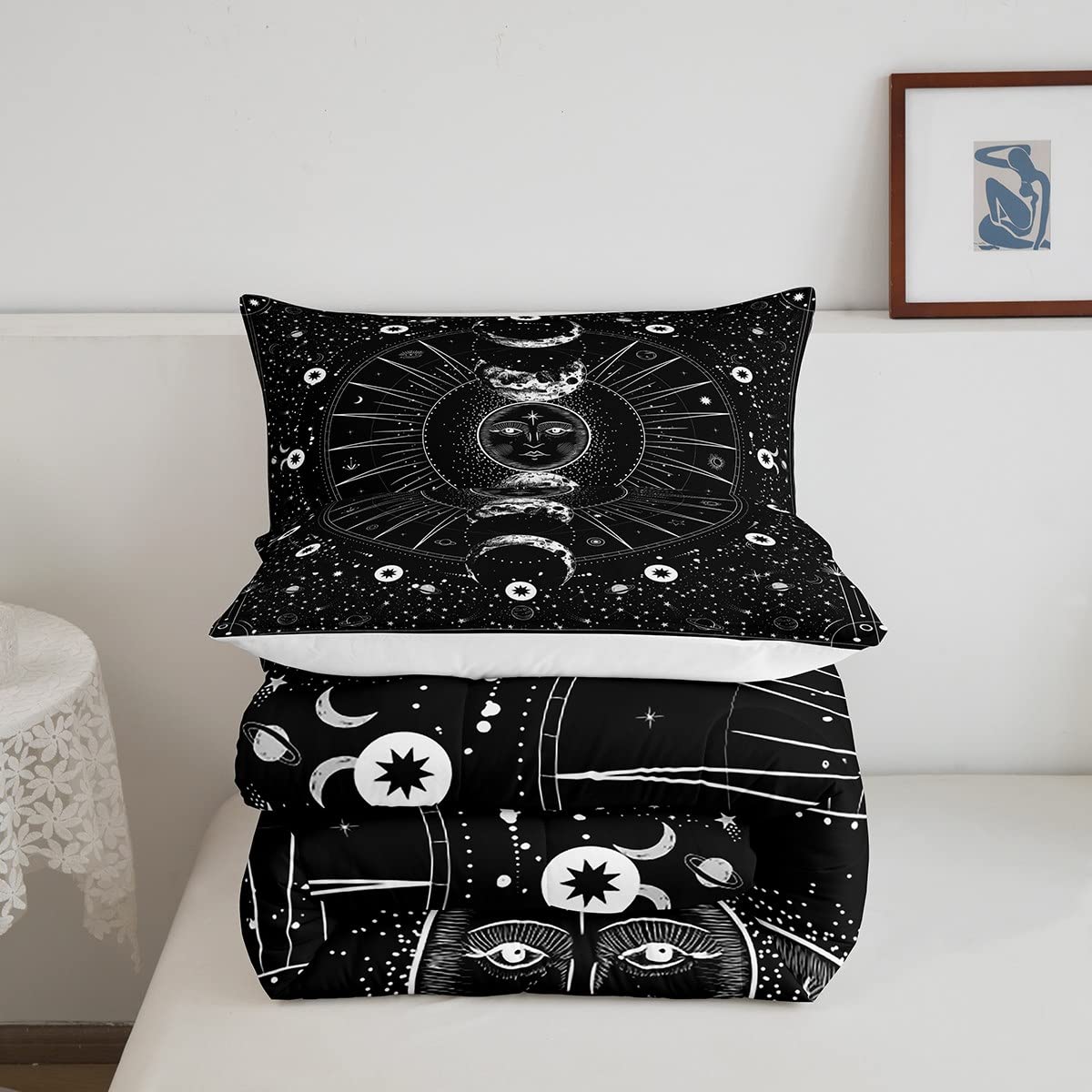 Manfei Sun and Moon Comforter Set Full Size, Stars Space Psychedelic Bedding Set 3pcs for Kids Boys Teens Bedroom Decor, Black and White Quilt Set Boho Sun Moon Duvet Insert with 2 Pillowcases