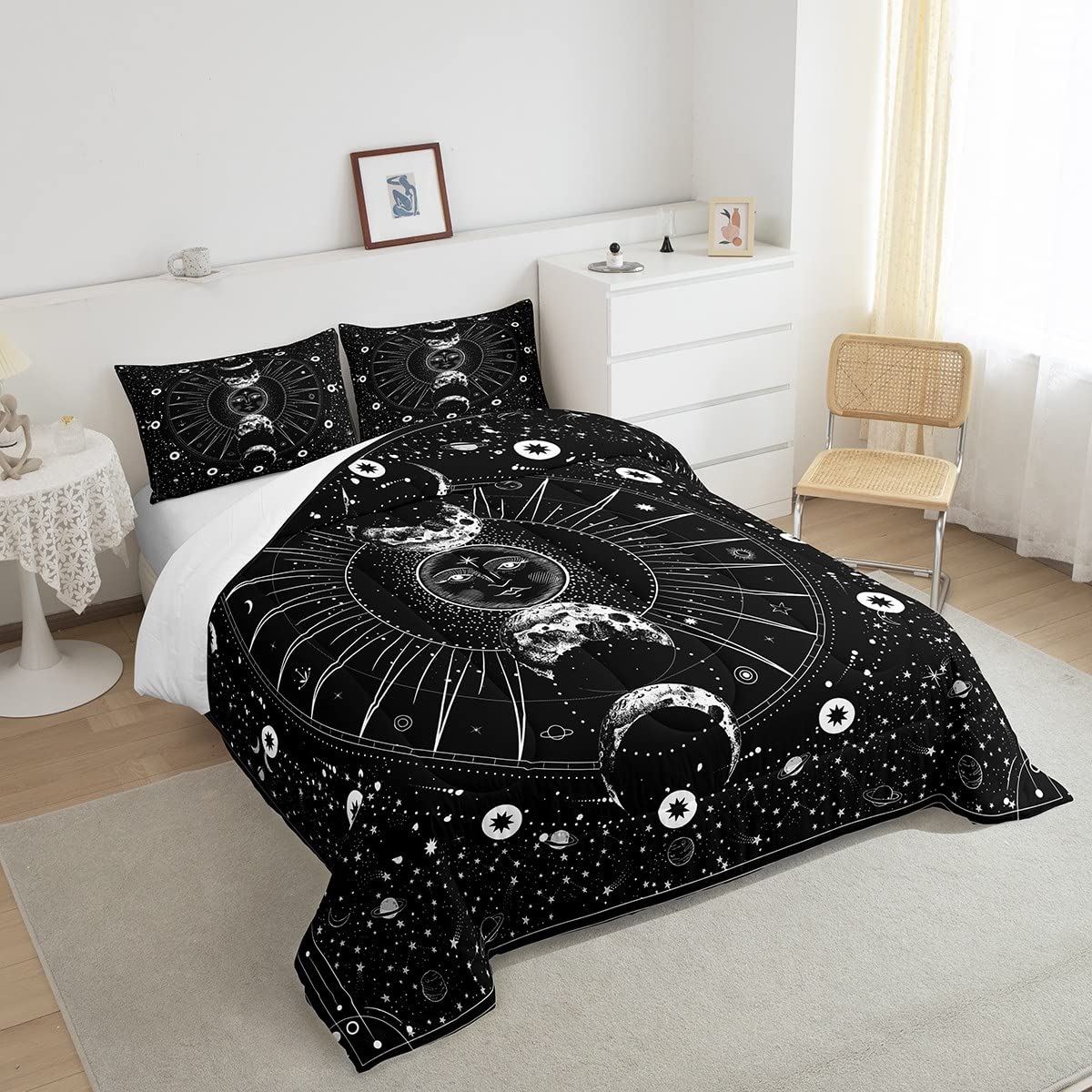 Manfei Sun and Moon Comforter Set Full Size, Stars Space Psychedelic Bedding Set 3pcs for Kids Boys Teens Bedroom Decor, Black and White Quilt Set Boho Sun Moon Duvet Insert with 2 Pillowcases