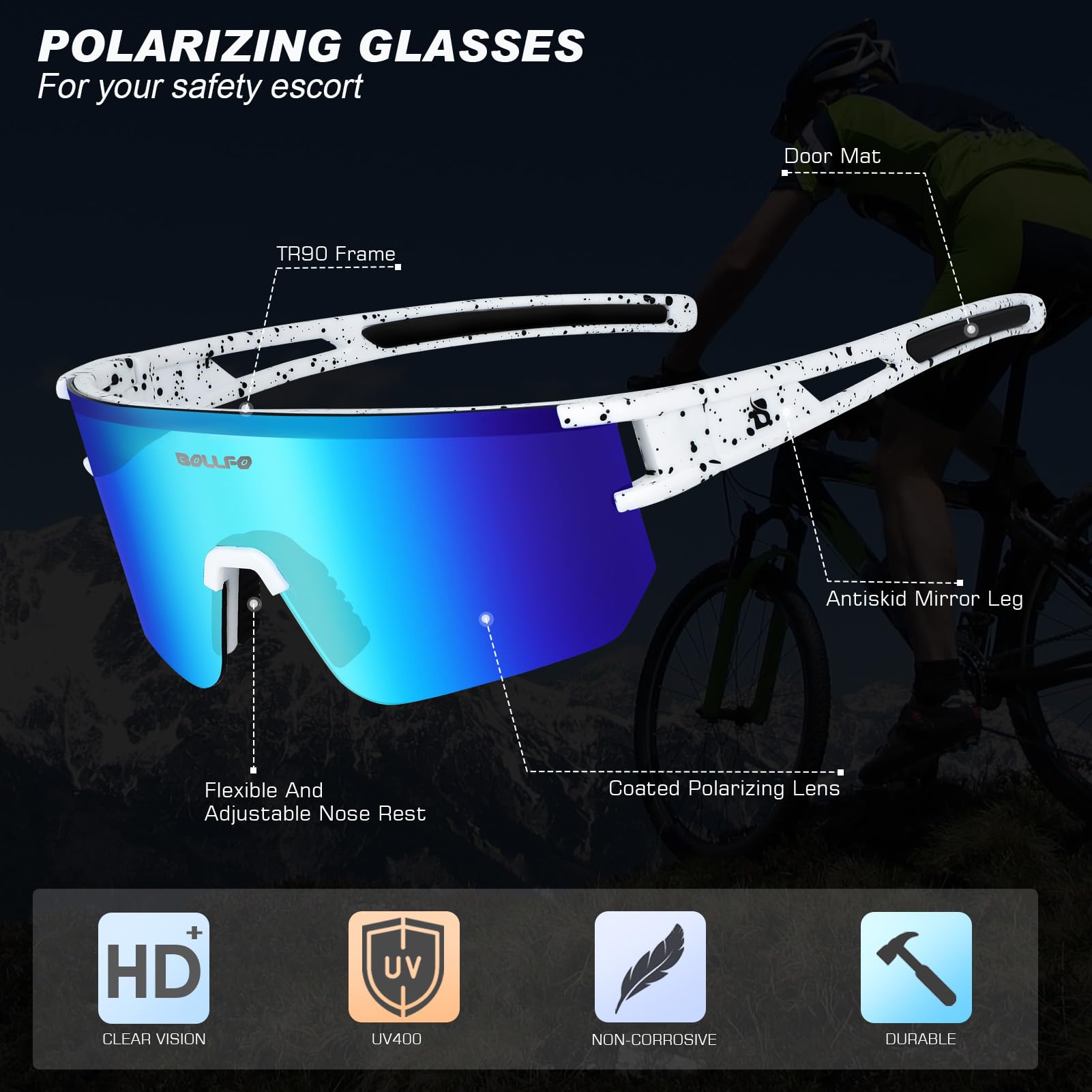 BOLLFO Cycling Sunglasses, UV 400 Eye Protection Polarized Eyewear for Men Women