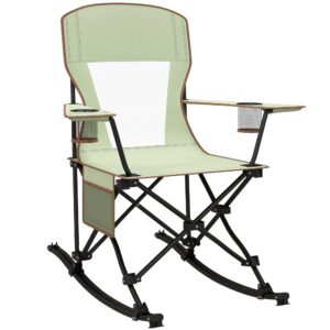 outsunny outdoor rocking chair folding camping chair portable rocker with armrests, side cup holders, & carry bag, green