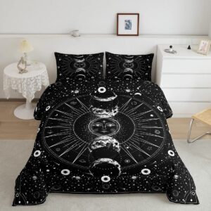 manfei sun and moon comforter set full size, stars space psychedelic bedding set 3pcs for kids boys teens bedroom decor, black and white quilt set boho sun moon duvet insert with 2 pillowcases