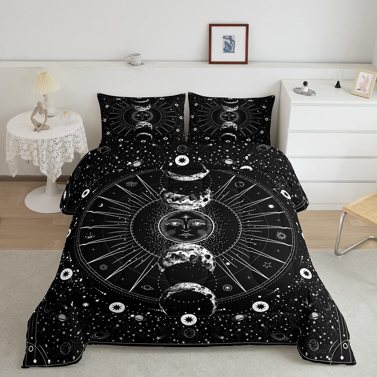 Manfei Sun and Moon Comforter Set Full Size, Stars Space Psychedelic Bedding Set 3pcs for Kids Boys Teens Bedroom Decor, Black and White Quilt Set Boho Sun Moon Duvet Insert with 2 Pillowcases