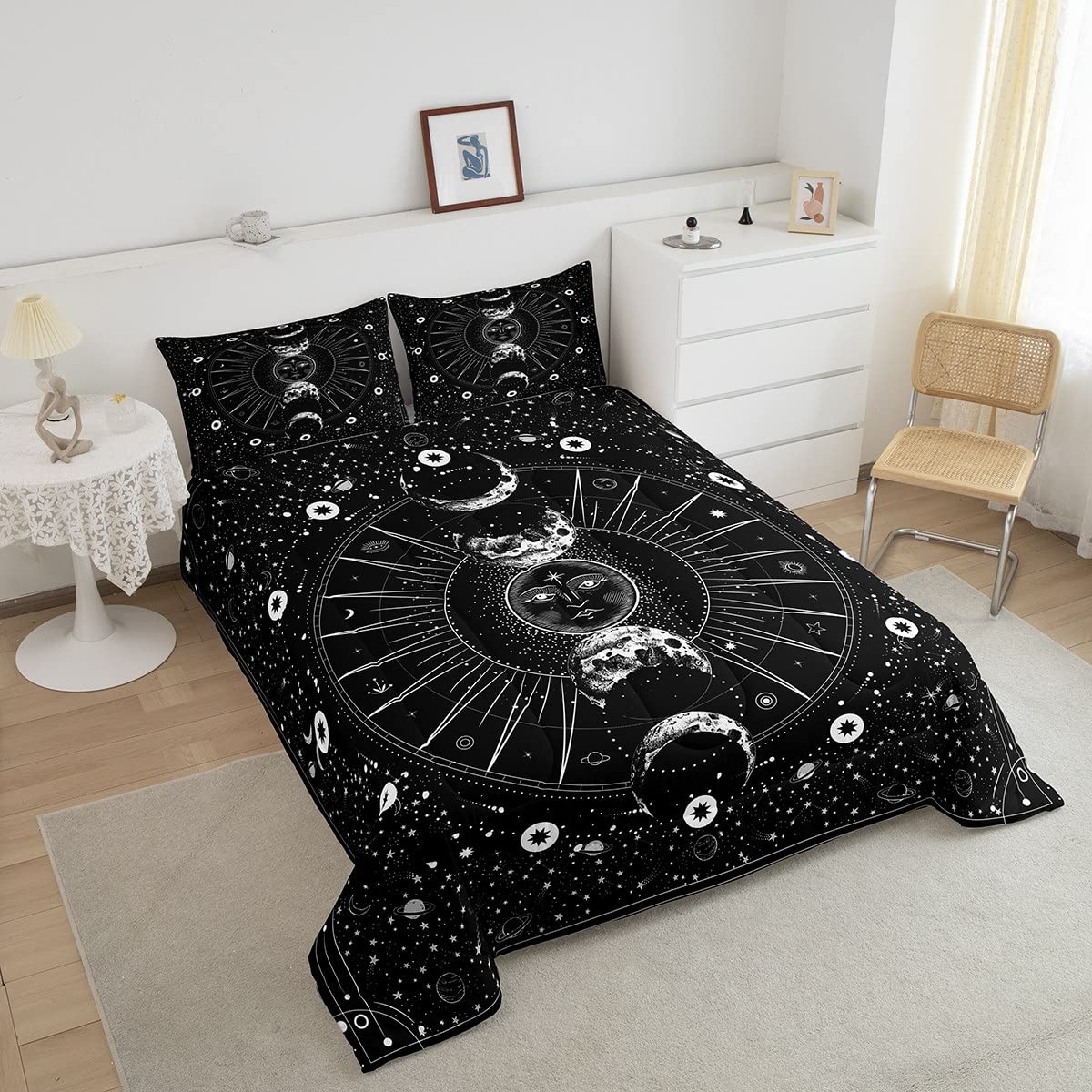 Manfei Sun and Moon Comforter Set Full Size, Stars Space Psychedelic Bedding Set 3pcs for Kids Boys Teens Bedroom Decor, Black and White Quilt Set Boho Sun Moon Duvet Insert with 2 Pillowcases