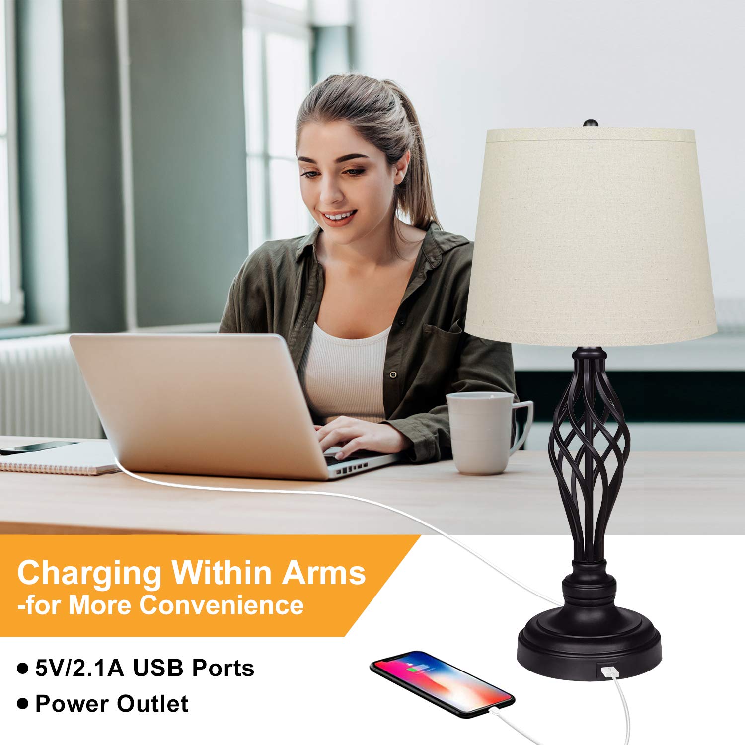 COSTUBE Set of 2 Touch Control 3-Way Dimmable Table Lamp with Switch, Bedside Lamp with USB Port AC Outlet Nightstand Lamp with Fabric Shade for Living Room Bedroom, Daylight White Bulbs Included