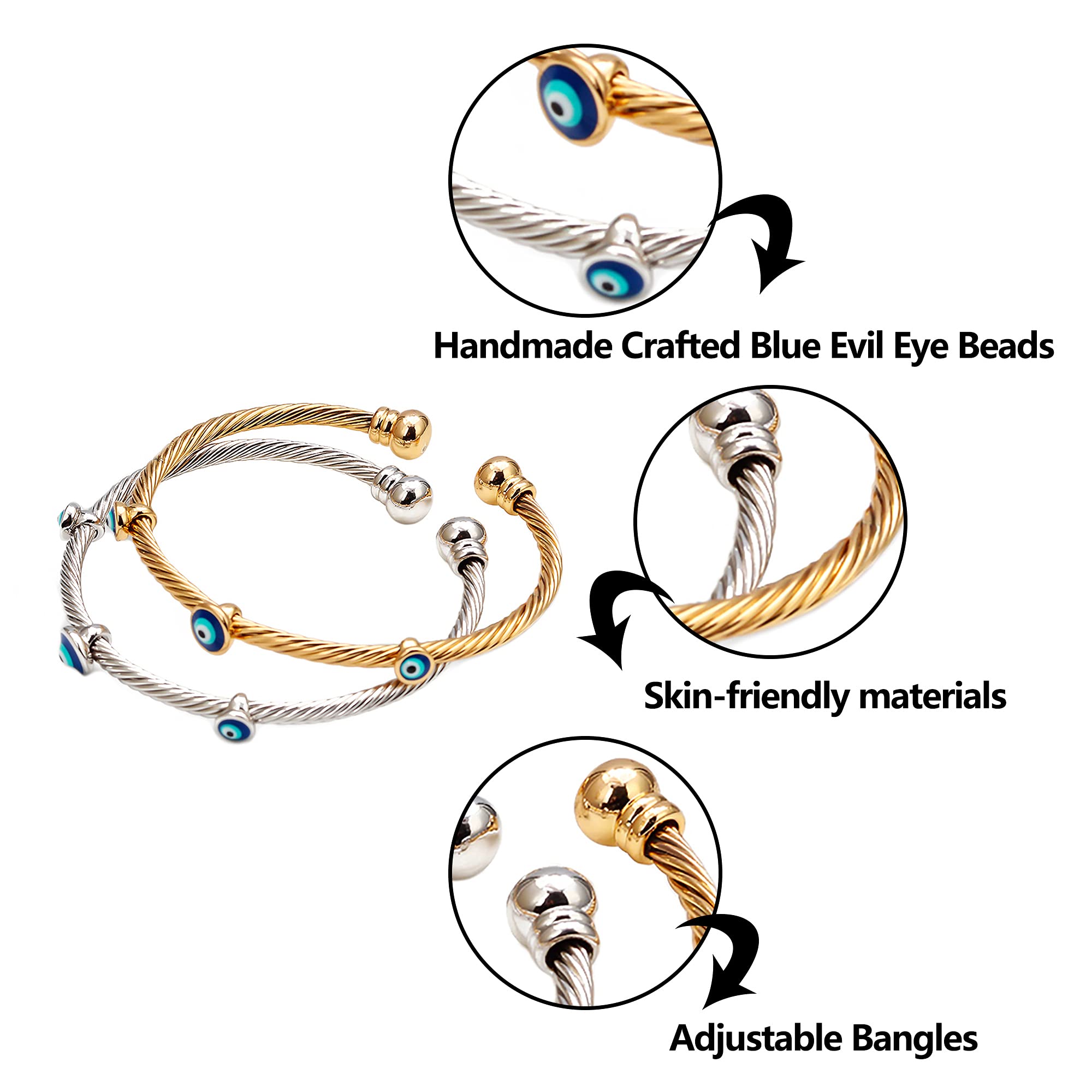 TEEPOLLO Evil Eye Bracelets Bangles-Turkey Lucky 14k Gold Silver Plated Evil Eye Bracelets-Blue Evil Eye Protection Bangles Bracelets Stacks for Women Girls (Set of 2)