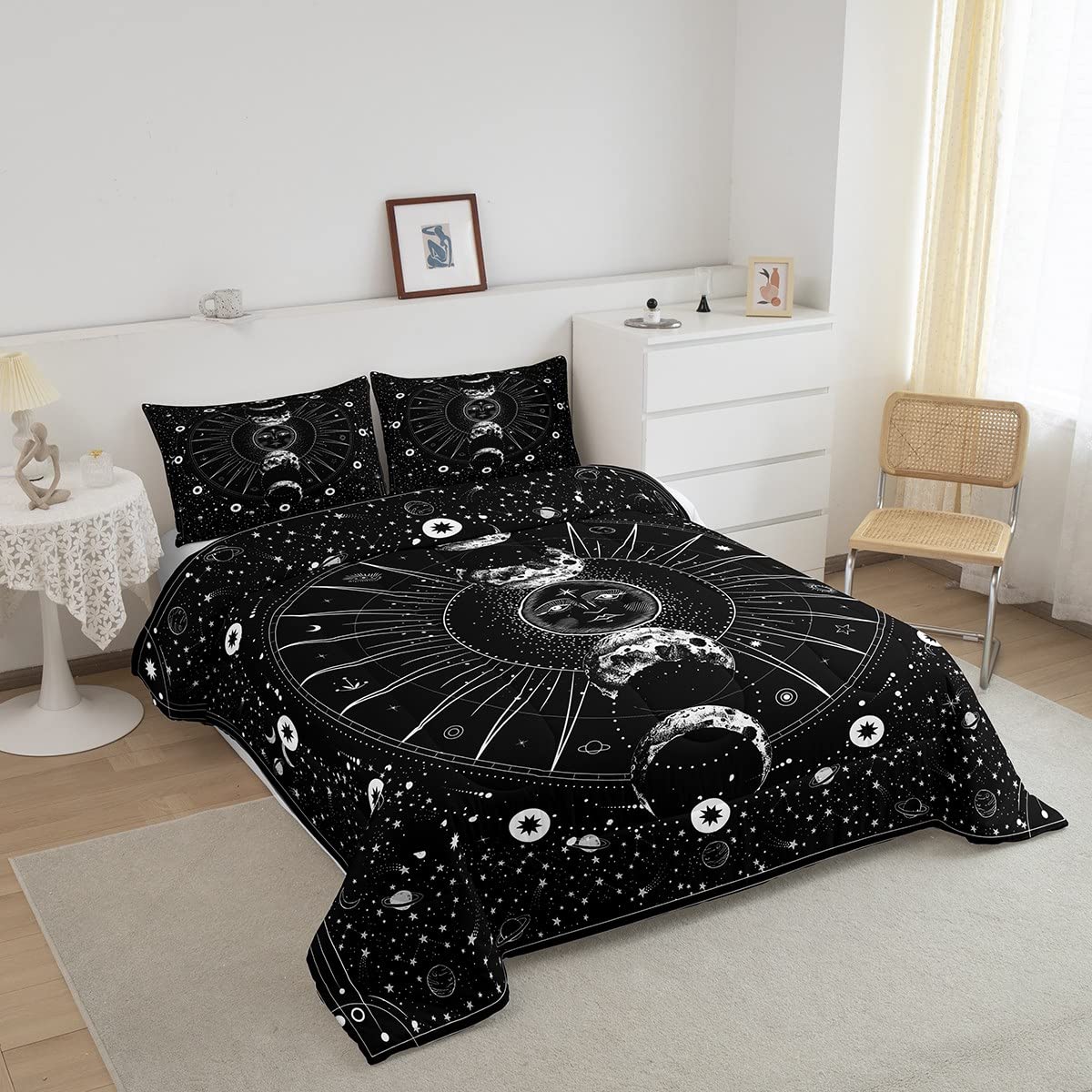 Manfei Sun and Moon Comforter Set Full Size, Stars Space Psychedelic Bedding Set 3pcs for Kids Boys Teens Bedroom Decor, Black and White Quilt Set Boho Sun Moon Duvet Insert with 2 Pillowcases