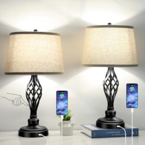 costube set of 2 touch control 3-way dimmable table lamp with switch, bedside lamp with usb port ac outlet nightstand lamp with fabric shade for living room bedroom, daylight white bulbs included