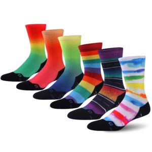 huso hiking socsk for men, women tie dye cushioned quarter socks quick dry outdoor hiking cycling athletic art socks 6 pairs (red, green, blue, rainbow, stripe)