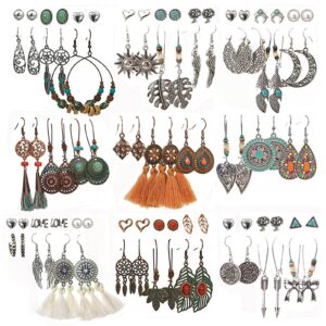 jmscape 45 pairs bohemian vintage drop dangle earrings set for women, fashion boho earrings national style tassel eardrop hollow bronze waterdrop leaf jewelry for valentine's day gifts