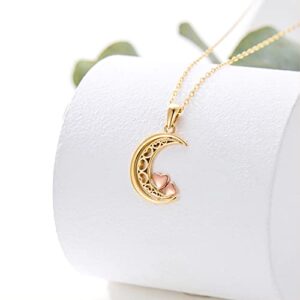 14K Gold Moon Hearts Necklace for Women, Rotating Moon Design, Real Gold Love Heart Moon Pendant Jewelry Mothers for Her, Wife, Mom 18 Inch