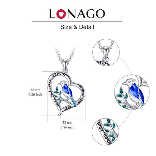 LONAGO 925 Sterling Silver Blue Jay Necklace Bluebird of Happiness Pendant Jewelry Our Love Never Dies Gifts for Women Mom (Blue Jay)