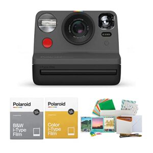 polaroid originals now viewfinder i-type instant camera (black) bundle with color and b&w instant film and reusable vintage photo accessory kit - perfect photography gift for kids (4 items)