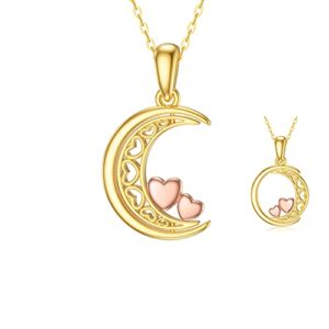 14k gold moon hearts necklace for women, rotating moon design, real gold love heart moon pendant jewelry mothers for her, wife, mom 18 inch