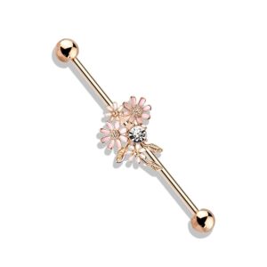 pierced owl 14ga stainless steel cz crystal and enamel flower bouquet industrial barbell (rose gold tone)